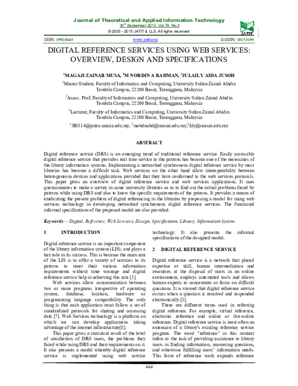 (PDF) Digital Reference Services Using Web Services: Overview, Design and Specifications