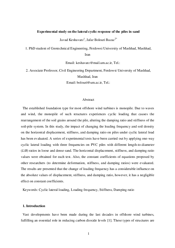 (PDF) Experimental study on the lateral cyclic response of the piles in sand