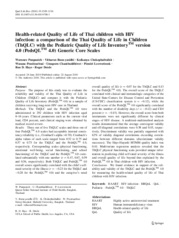 (PDF) Health-related Quality of Life of Thai children with HIV ...