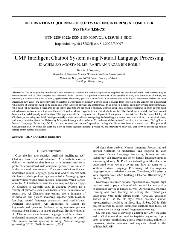 (PDF) UMP Intelligent Chatbot System using Natural Language Processing