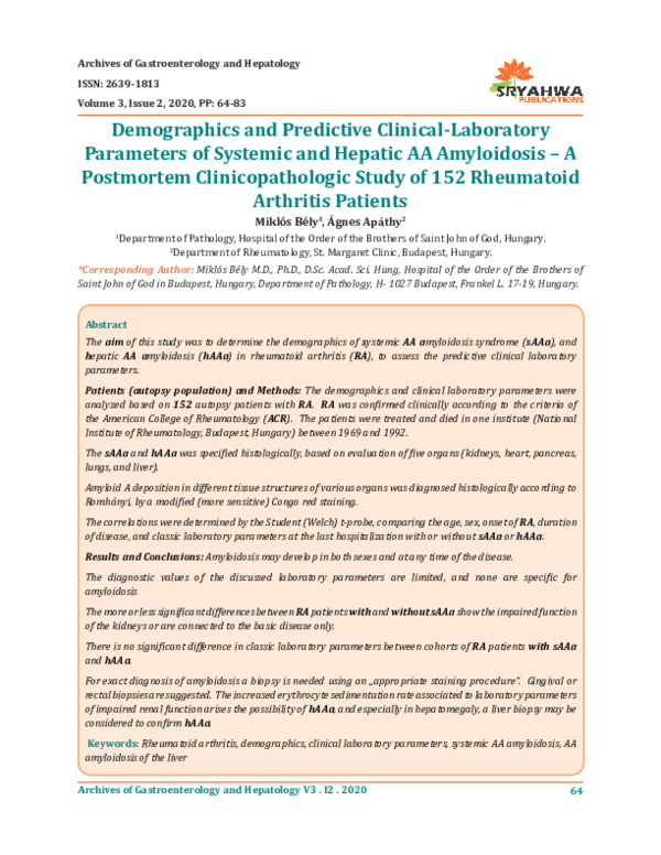 (PDF) Demographics and Predictive Clinical-Laboratory Parameters of Systemic and Hepatic AA ...