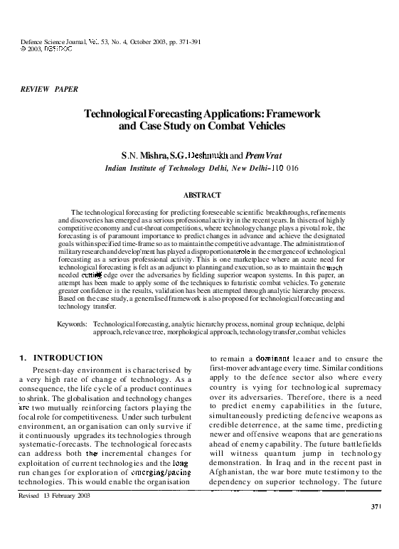 (PDF) Technological Forecasting Applications: Framework and Case Study on Combat Vehicles