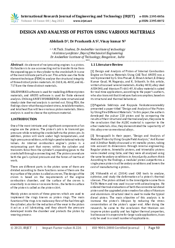 (PDF) DESIGN AND ANALYSIS OF PISTON USING VARIOUS MATERIALS