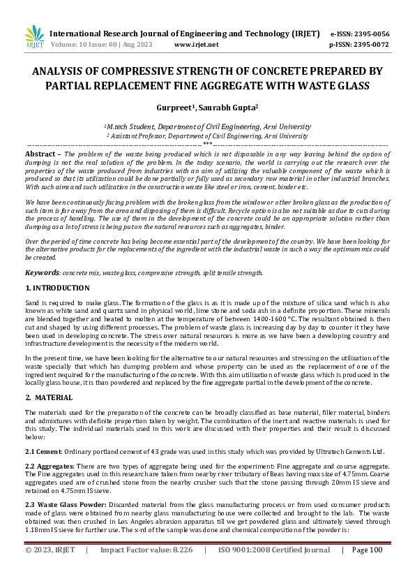 Pdf Analysis Of Compressive Strength Of Concrete Prepared By Partial Replacement Fine