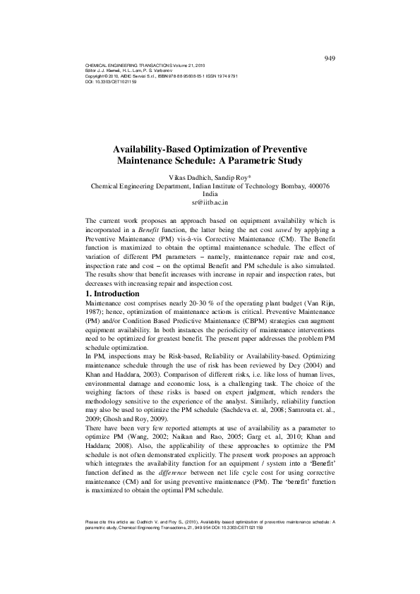 (PDF) Availability-Based Optimization of Preventive Maintenance Schedule: A Parametric Study
