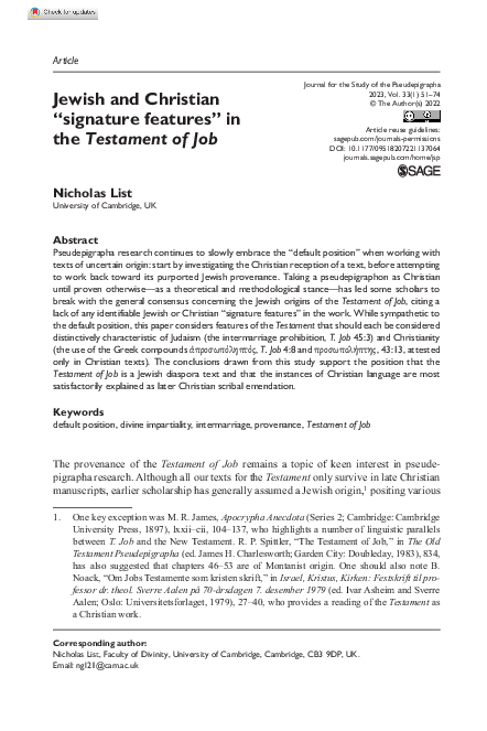 (PDF) Jewish and Christian "signature features" in the Testament of Job