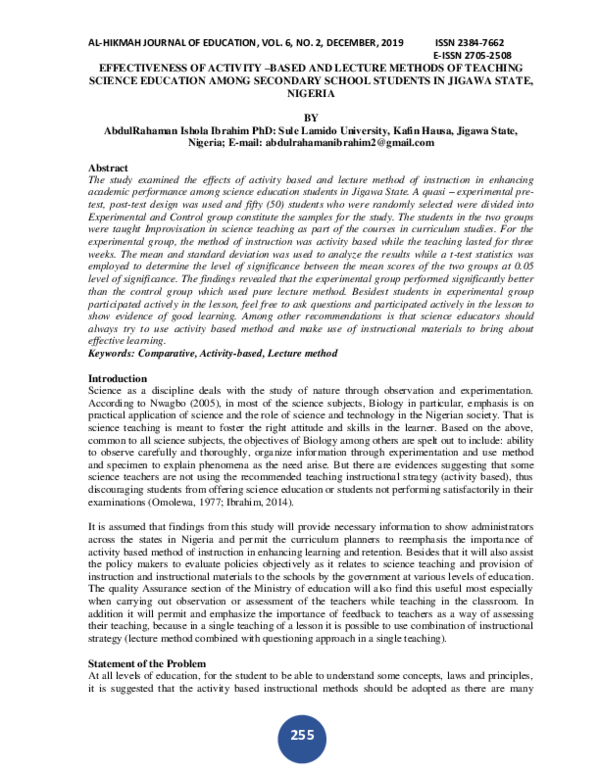 (PDF) Effectiveness of Activity –Based and Lecture Methods of Teaching Science Education Among ...