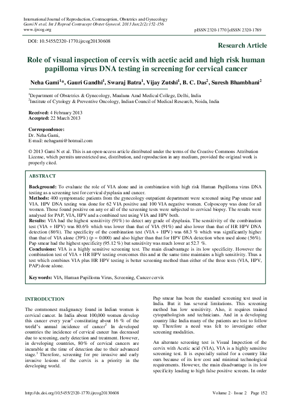 (PDF) Role of visual inspection of cervix with acetic acid and high ...