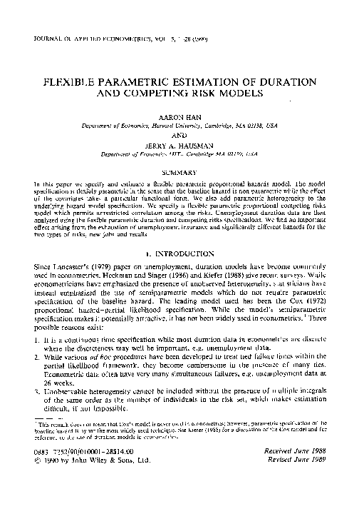(PDF) Flexible parametric estimation of duration and competing risk models