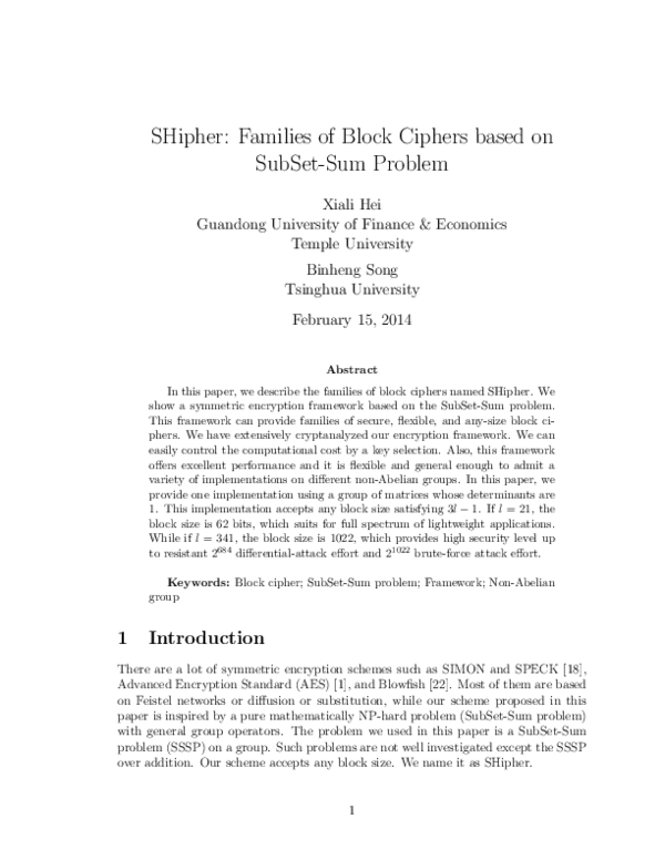 (PDF) SHipher: Block Ciphers via SubSet-Sum