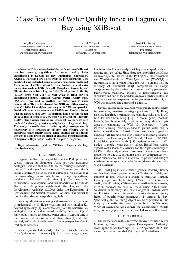 (PDF) Classification of Water Quality Index in Laguna de Bay using XGBoost