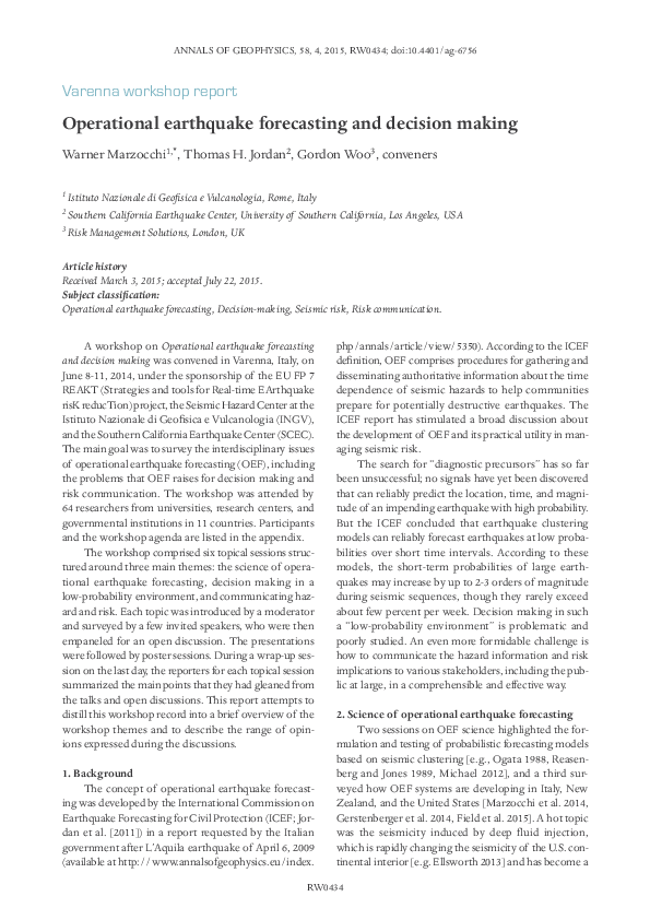 (PDF) Operational Earthquake Forecasting and Decision-Making