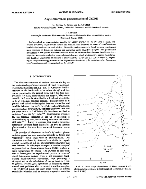 (PDF) Angle-resolved uv photoemission of Ce(001)