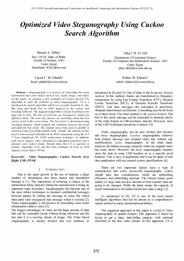 (PDF) Optimized video steganography using Cuckoo Search algorithm