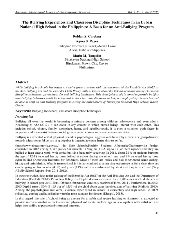 (PDF) The Bullying Experiences and Classroom Discipline Techniques in ...