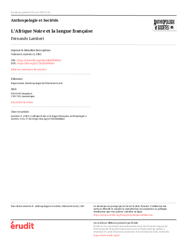 (PDF) L'Afrique Noire et la langue française | Fernando Lambert ...