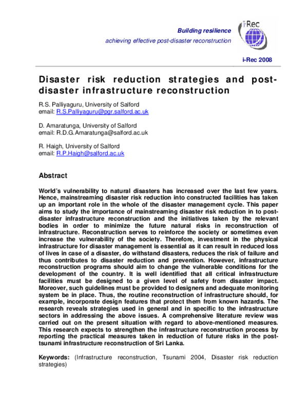 (PDF) Disaster risk reduction strategies and post-disaster ...
