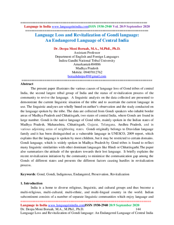 (PDF) Language Loss and Revitalization of Gondi language: An Endangered Language of Central India
