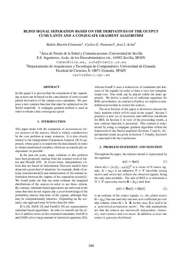 Pdf Blind Signal Separation Based On The Derivatives Of The Output Cumulants And A Conjugate
