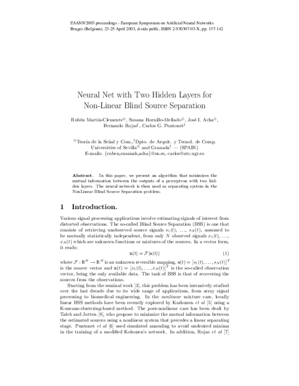 Pdf Neural Net With Two Hidden Layers For Non Linear Blind Source Separation