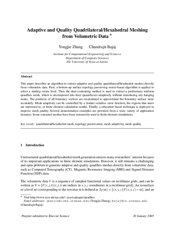 (PDF) Adaptive and quality quadrilateral/hexahedral meshing from volumetric data