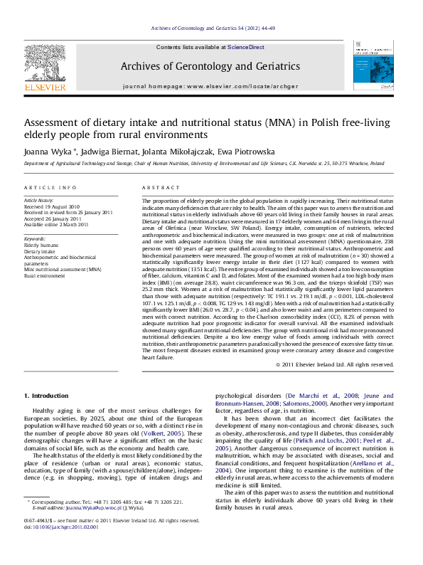 (PDF) Assessment of dietary intake and nutritional status (MNA) in Polish free-living elderly ...