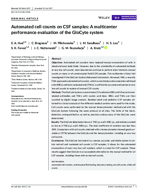 (PDF) Automated cell counts on CSF samples: A multicenter performance evaluation of the GloCyte ...