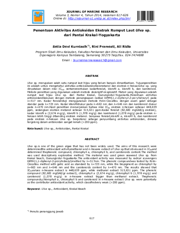 (PDF) Penentuan Aktivitas Antioksidan Ekstrak Rumput Laut Ulva SP. Dari Pantai Krakal-Yogyakarta ...