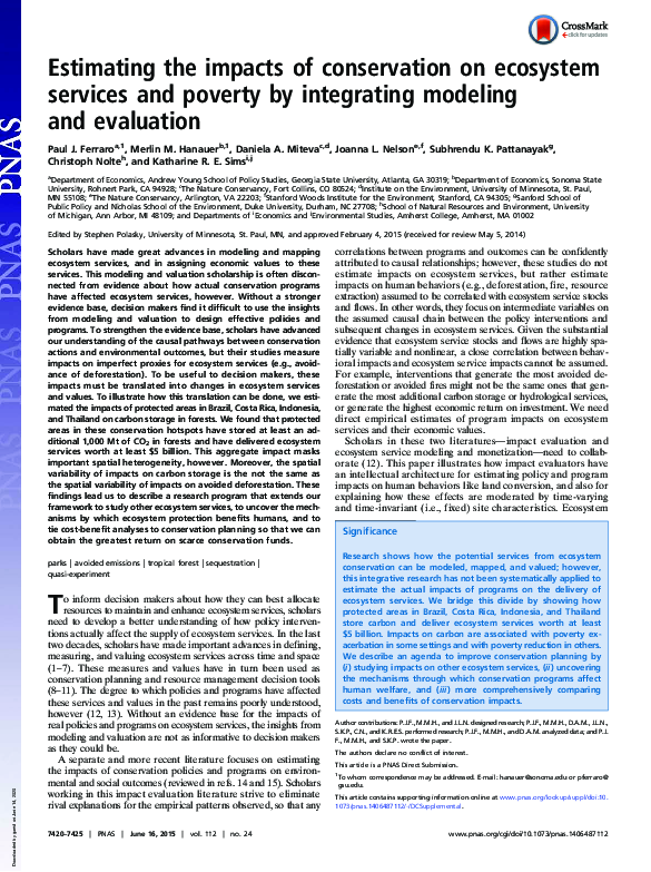 (PDF) Estimating the impacts of conservation on ecosystem services and poverty by integrating ...