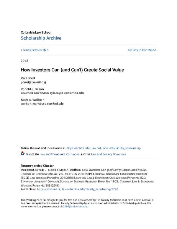 (PDF) How Investors Can (and Can't) Create Social Value