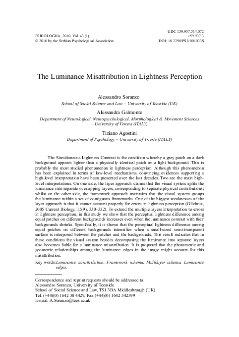 (PDF) The luminance misattribution in lightness perception