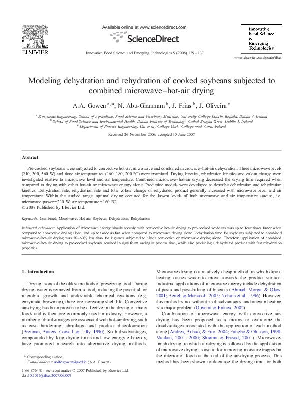 (PDF) Modeling dehydration and rehydration of cooked soybeans subjected to combined microwave ...