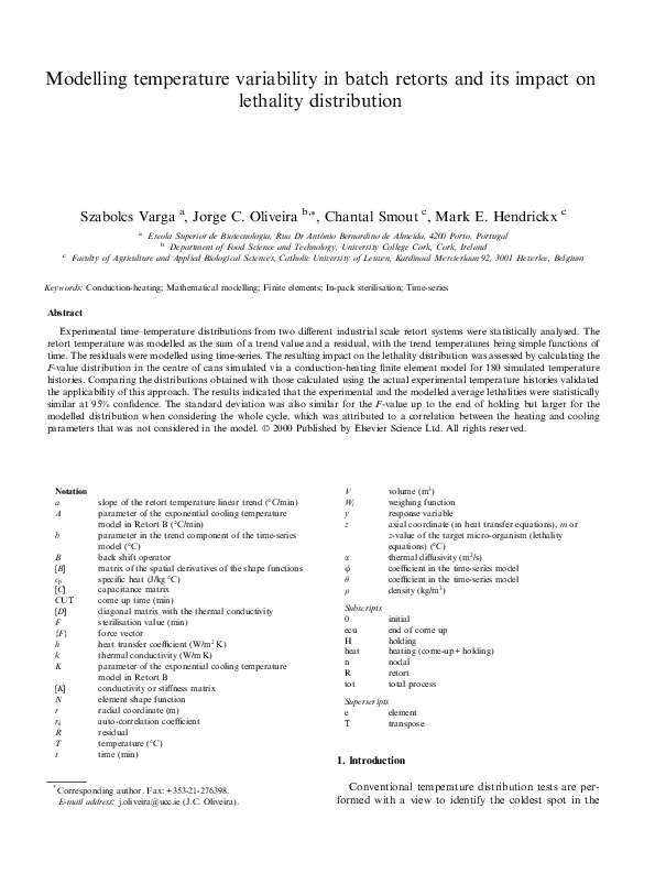 (PDF) Modelling temperature variability in batch retorts and its impact on lethality distribution