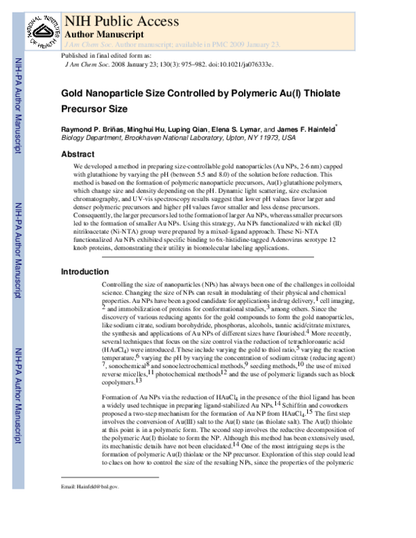 (PDF) Gold Nanoparticle Size Controlled by Polymeric Au(I) Thiolate ...