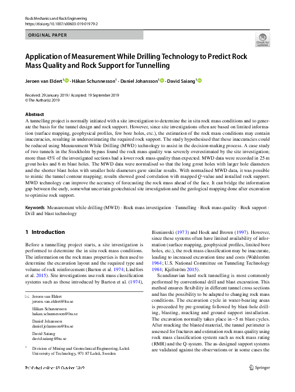 (PDF) Application of Measurement While Drilling Technology to Predict Rock Mass Quality and Rock ...