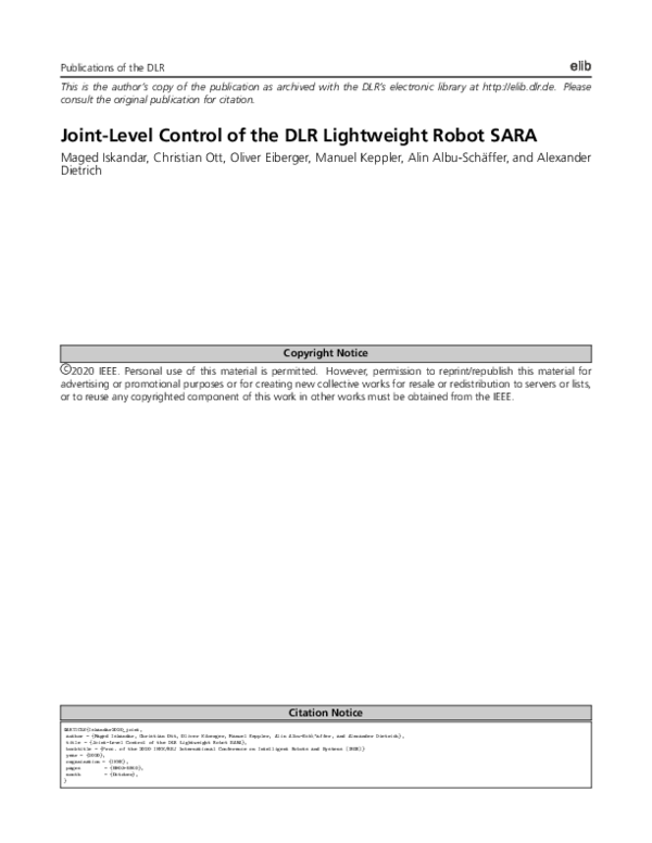 (PDF) Joint-Level Control of the DLR Lightweight Robot SARA