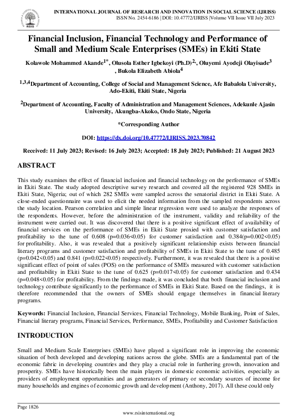 (PDF) Financial Inclusion, Financial Technology and Performance of Small and Medium Scale ...