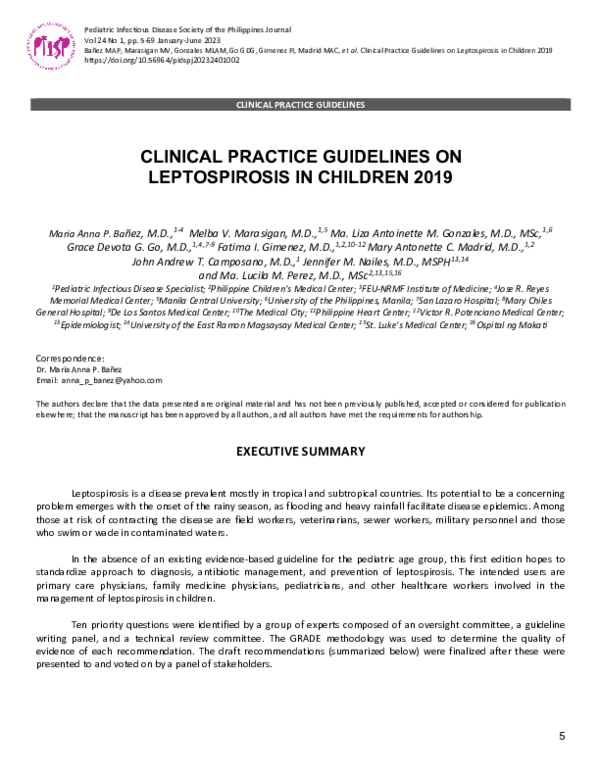 (PDF) Clinical Practice Guidelines on Leptospirosis in Children 2019