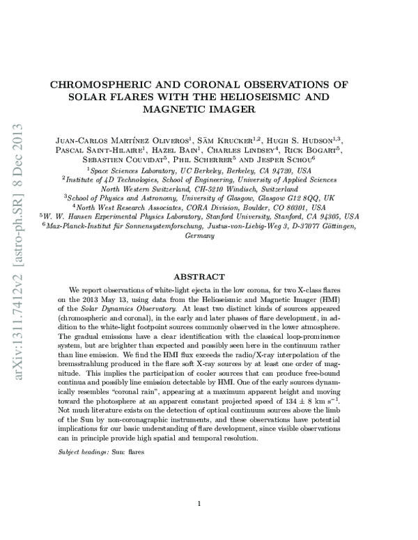 (PDF) Chromospheric and Coronal Observations of Solar Flares with the Helioseismic and Magnetic ...