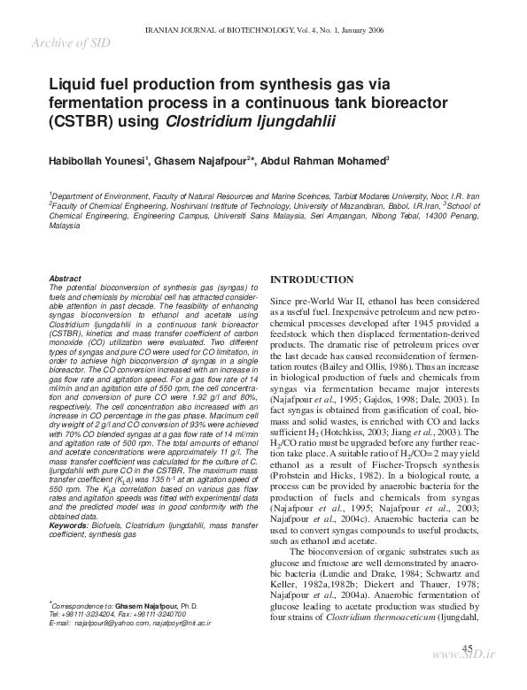 (PDF) Liquid fuel production from synthesis gas via fermentation ...
