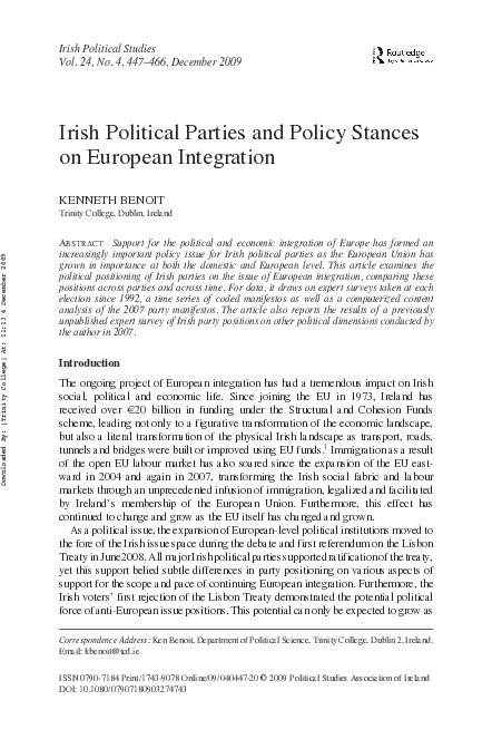 (PDF) Irish Political Parties and Policy Stances on European Integration