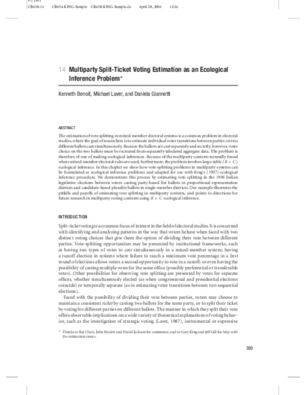 Pdf 14 Multiparty Split Ticket Voting Estimation As An Ecological