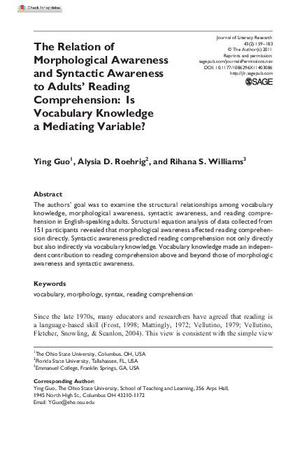 (PDF) The Relation of Morphological Awareness and Syntactic Awareness to Adults’ Reading ...