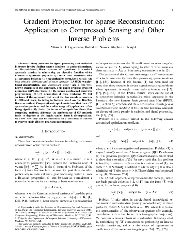 (PDF) Gradient Projection for Sparse Reconstruction: Application to Compressed Sensing and Other ...