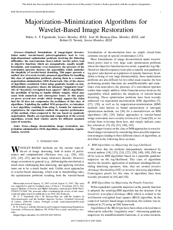 Pdf Majorization Minimization Algorithms For Wavelet Based Image Restoration Mario