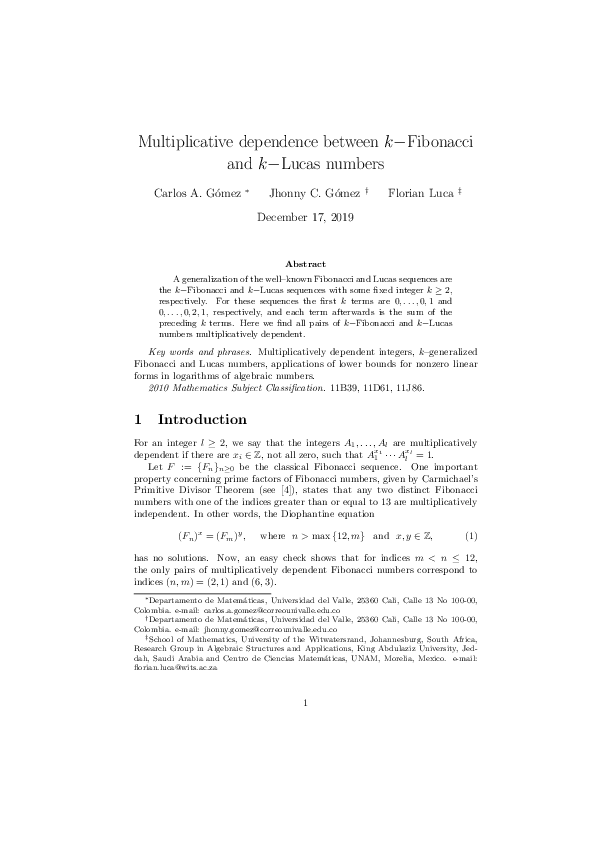 (PDF) Multiplicative dependence between k-Fibonacci and k-Lucas numbers