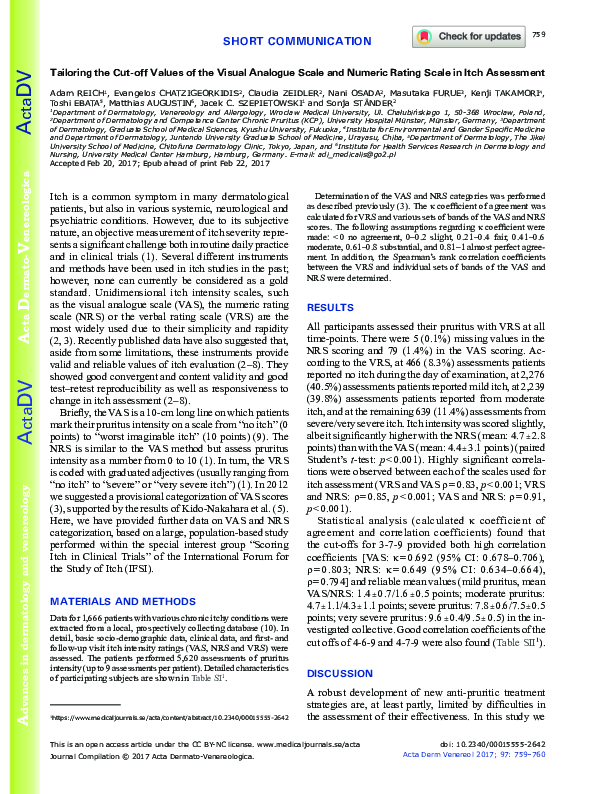 (PDF) Tailoring the Cut-off Values of the Visual Analogue Scale and ...