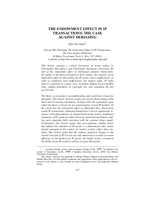 (PDF) The Endowment Effect in Ip Transactions: The Case Against Debiasing