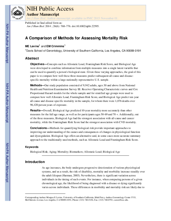 (PDF) A comparison of methods for assessing mortality risk