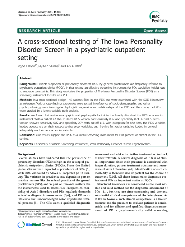 (PDF) A cross-sectional testing of The Iowa Personality Disorder Screen ...